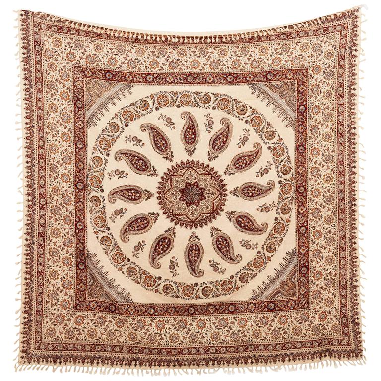 One of a Kind Persian Ghalamkar Square Tablecloth at 1stDibs
