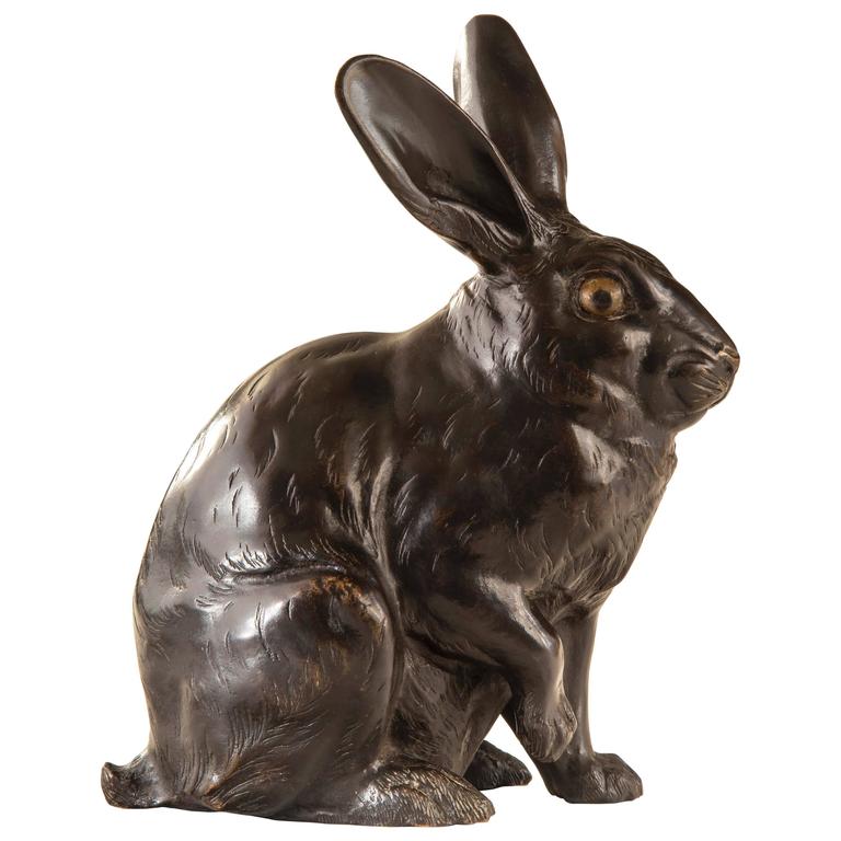 A Japanese Patinated Bronze Sculpture of a Hare with Glass Eyes, Signed ...