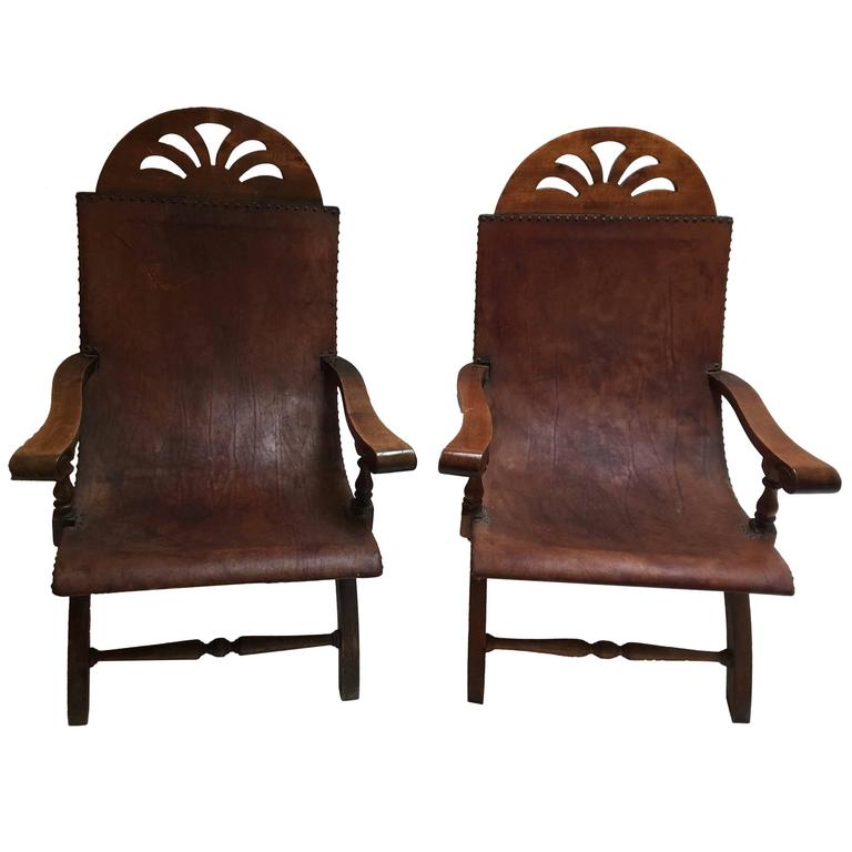Pair of French Campeche Chairs Leather Seats Nailhead Trim at 1stDibs
