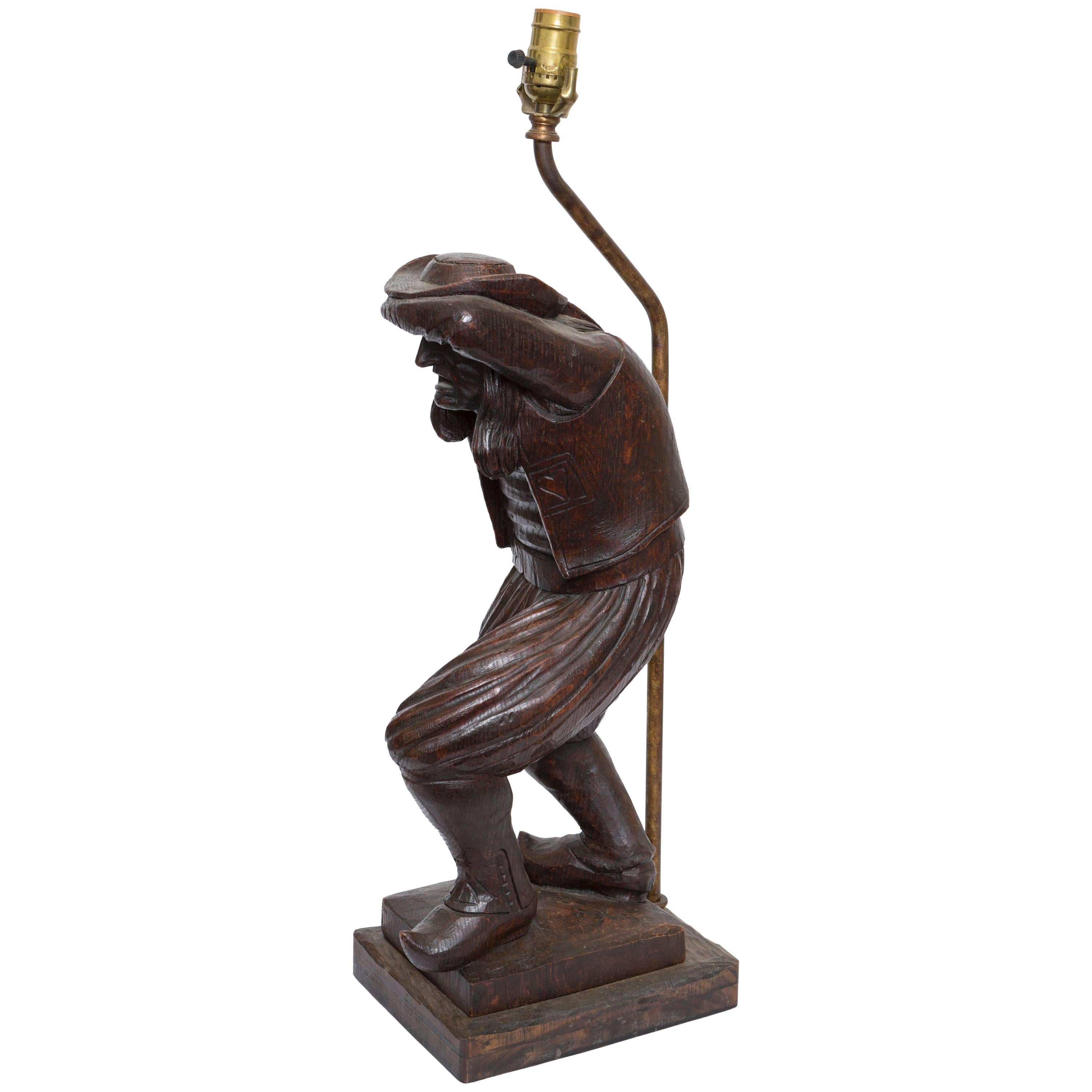 19th Century Wood Carved Lamp of Brittany Man For Sale at 1stDibs