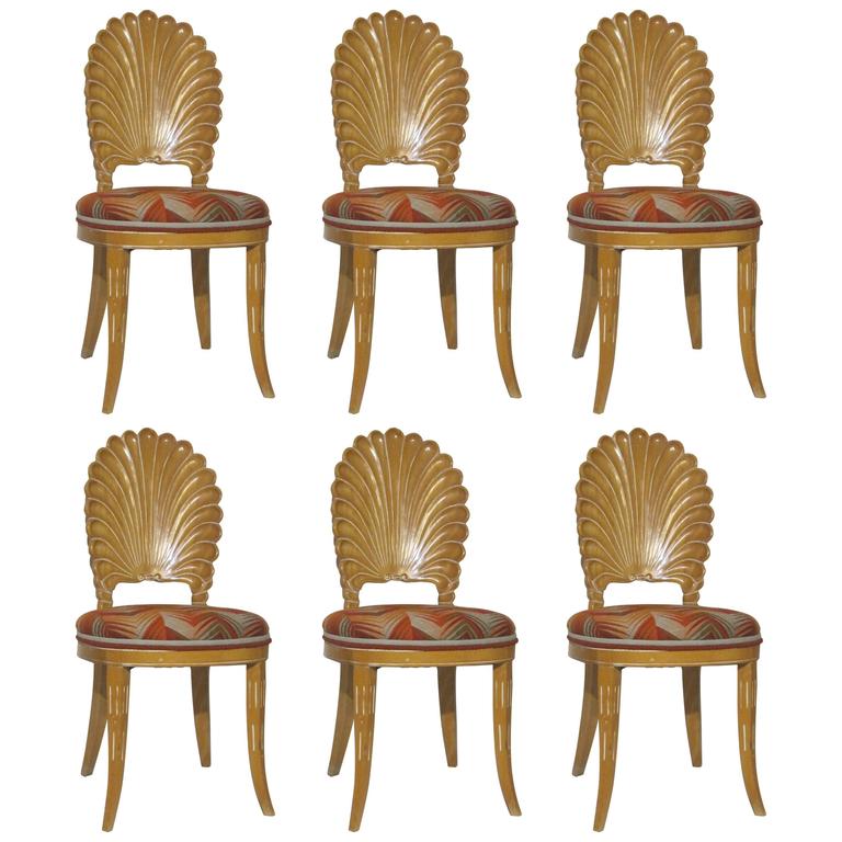 Set of Six Carved Pickled Wood Shell Back Chairs For Sale at 1stDibs