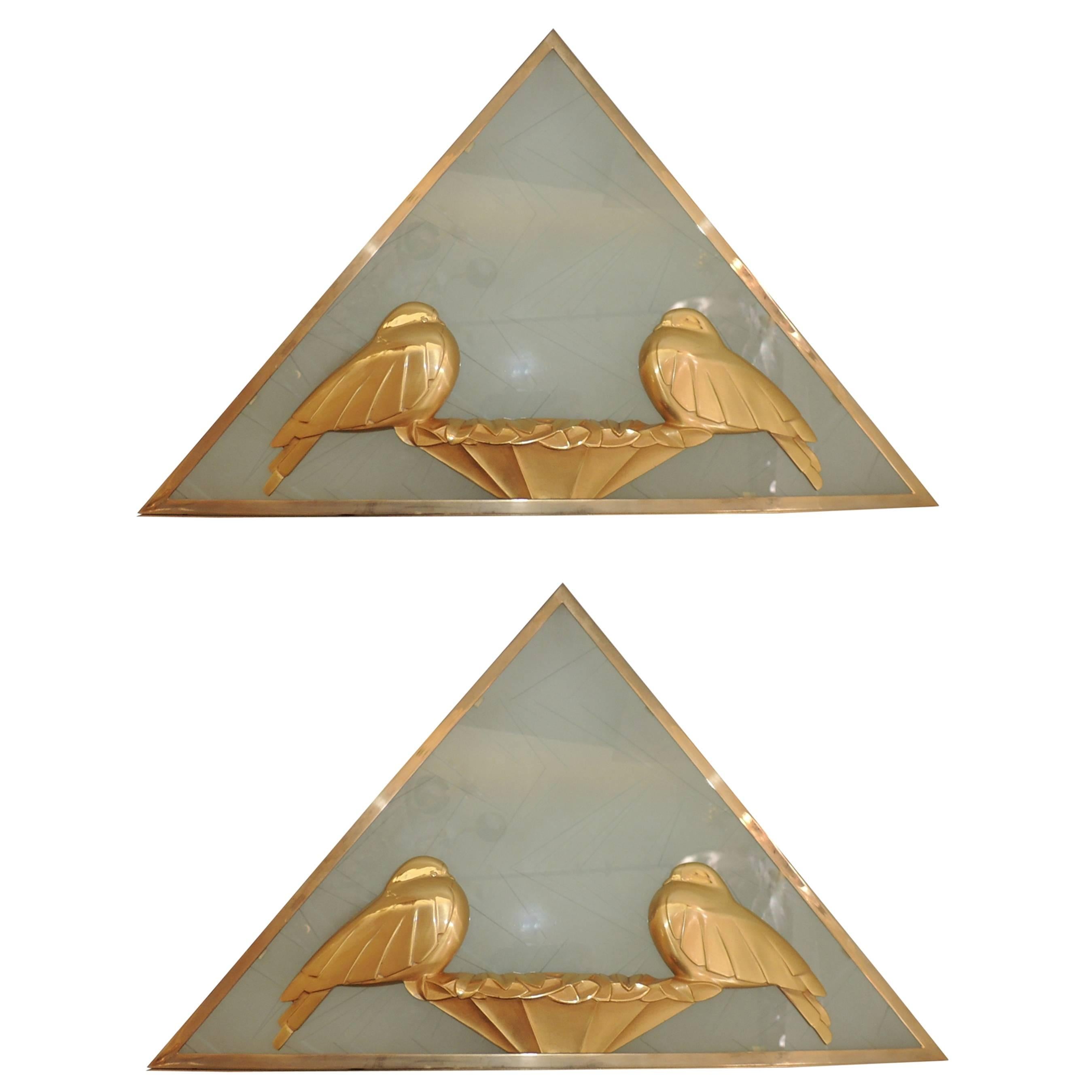 Wonderful French Art Deco Triangle Gilt Bronze Bird Sconces Frosted ...