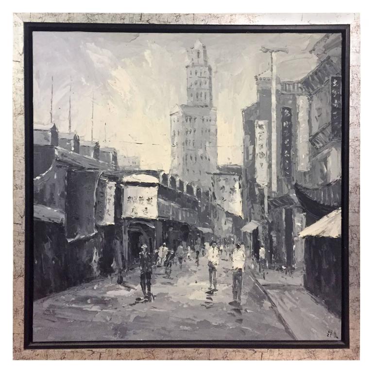 Large Oil Painting "Old Shanghai", Signed For Sale at 1stDibs