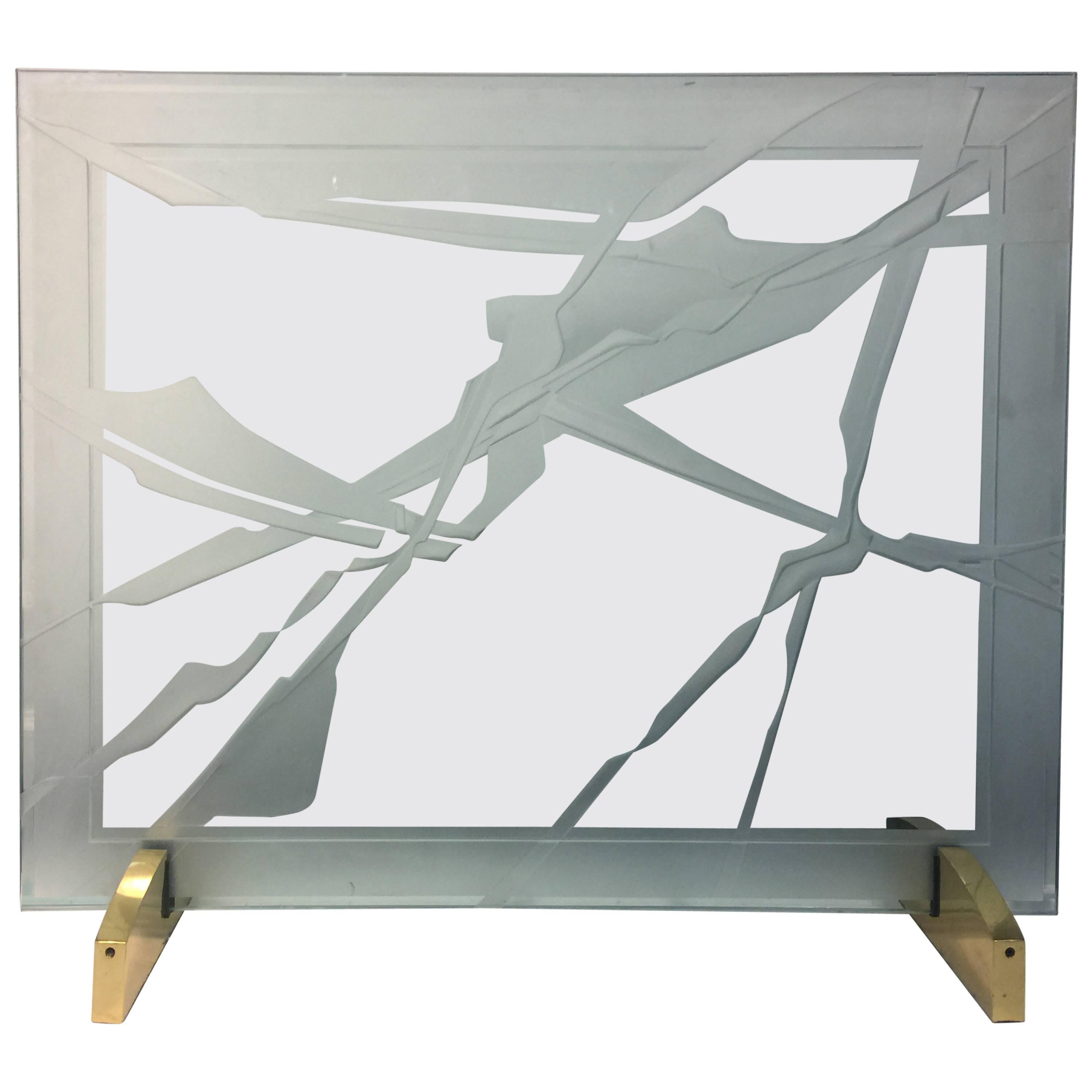 Amazing Art Deco Revival Etched Glass Fire screen with Great Abstract ...