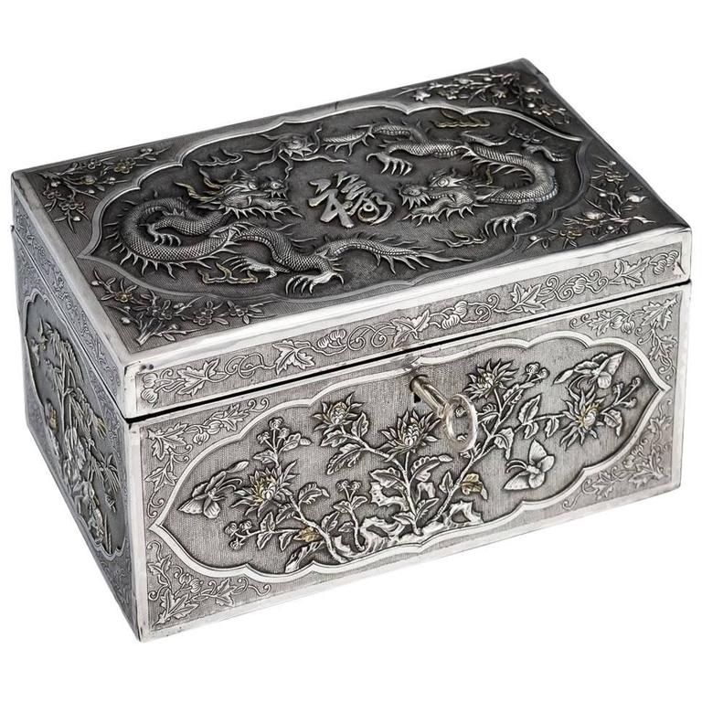 Antique 20th Century Chinese Export Solid Silver Large Dragon Box ...