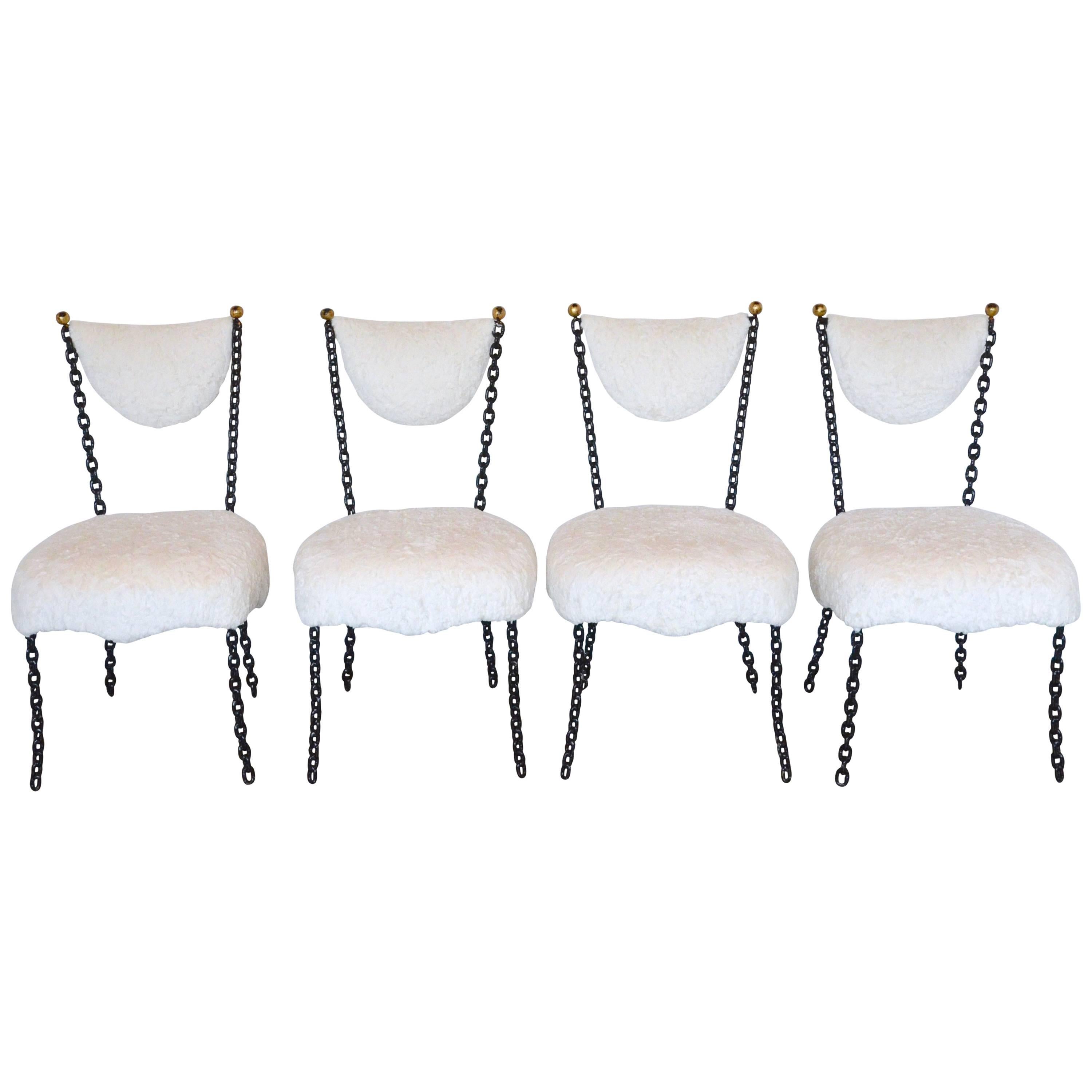 Black Chain Chairs with Gold trim in White Fur: Style of Jean Royère at ...