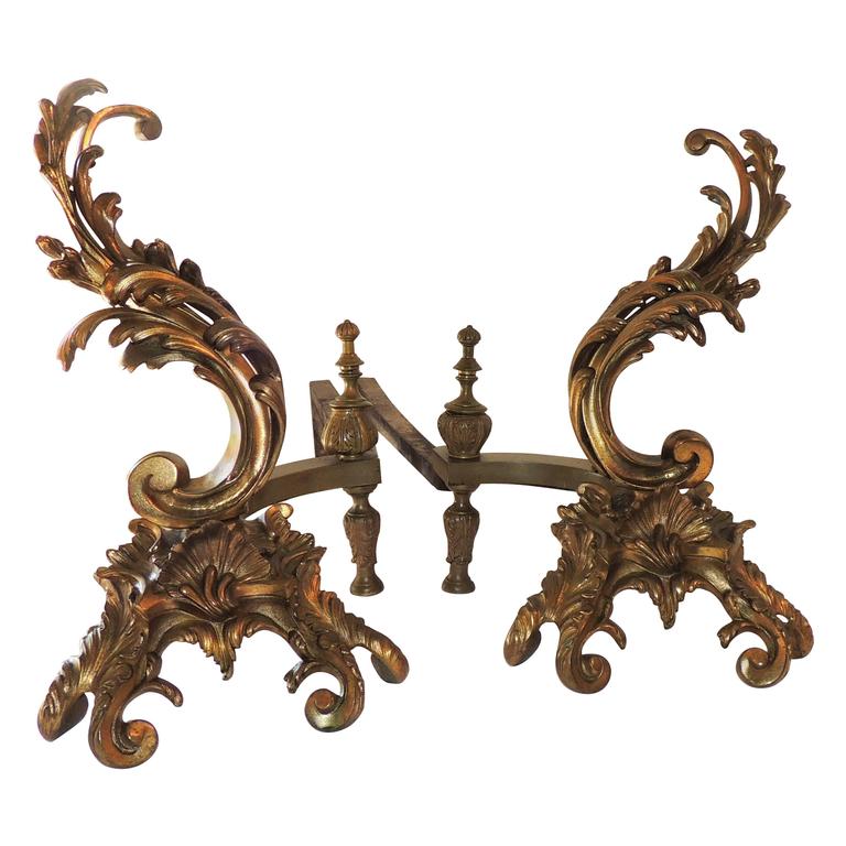 Wonderful Pair Of French Rococo Scroll Gilt Dore Bronze Large Andirons ...