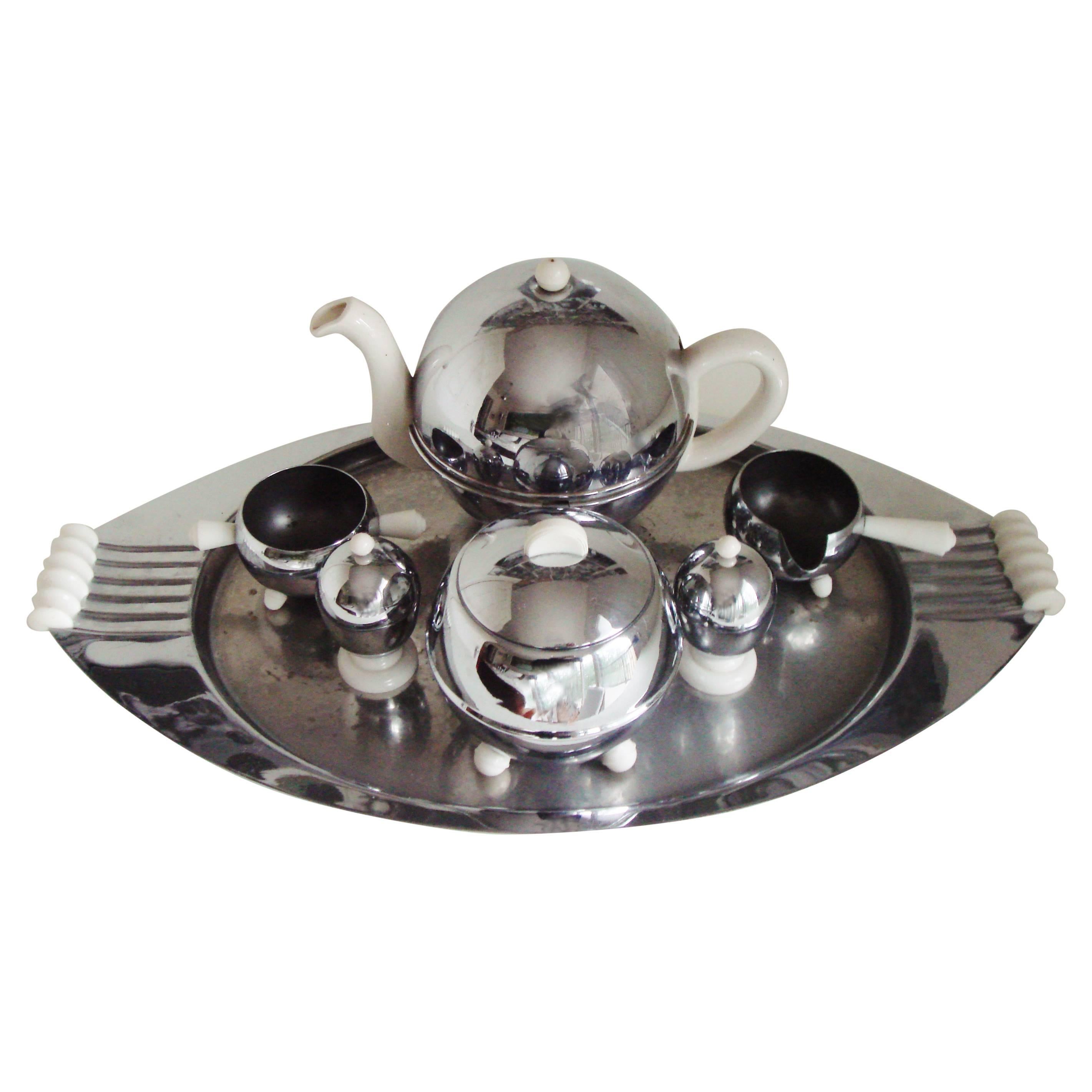 Rare Mid-Century 7-Piece Insulated Tea Set in Chrome, Ceramic and ...