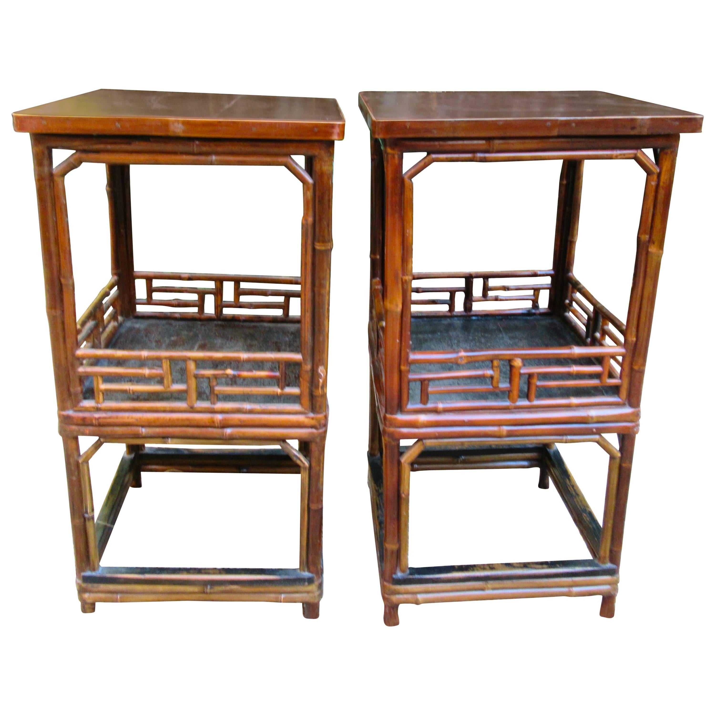 Pair of Bamboo Tea Tables with Black Lacquered Top, Late 19th Century ...