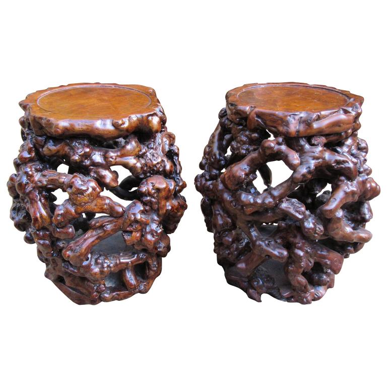 Rare Pair of Chinese Root Stools or Tables, Early 20th Century at 1stDibs
