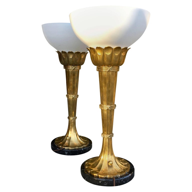 Pair of Large Brass Torchiere Table Lamps by Chapman For Sale at 1stDibs