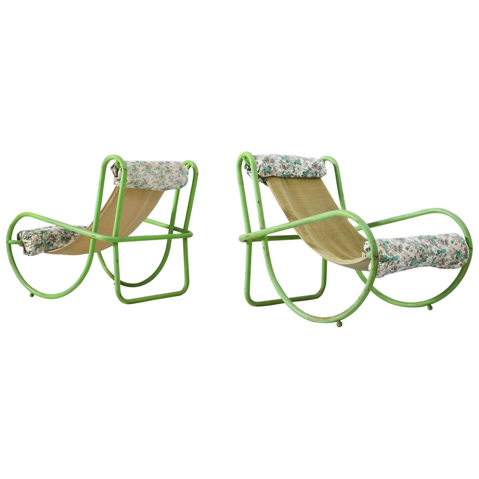 Gae Aulenti Two Locus Solus Lounge Chairs in Green Colored Metal For ...