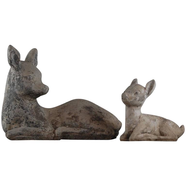 Weathered 20th Century Concrete Statues of Deer and Fawn at 1stDibs