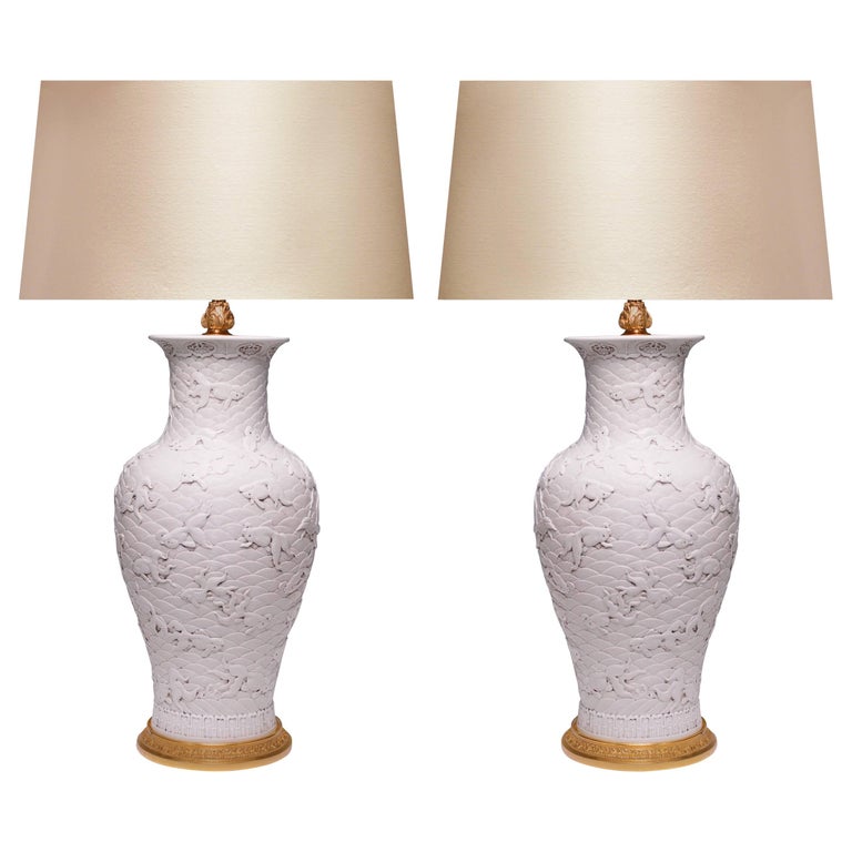 Pair of Fine Carved White Porcelain Lamps For Sale at 1stDibs