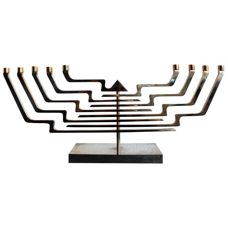 Signed Agam 24-Karat Gold over Brass Adjustable Menorah Sculpture at ...