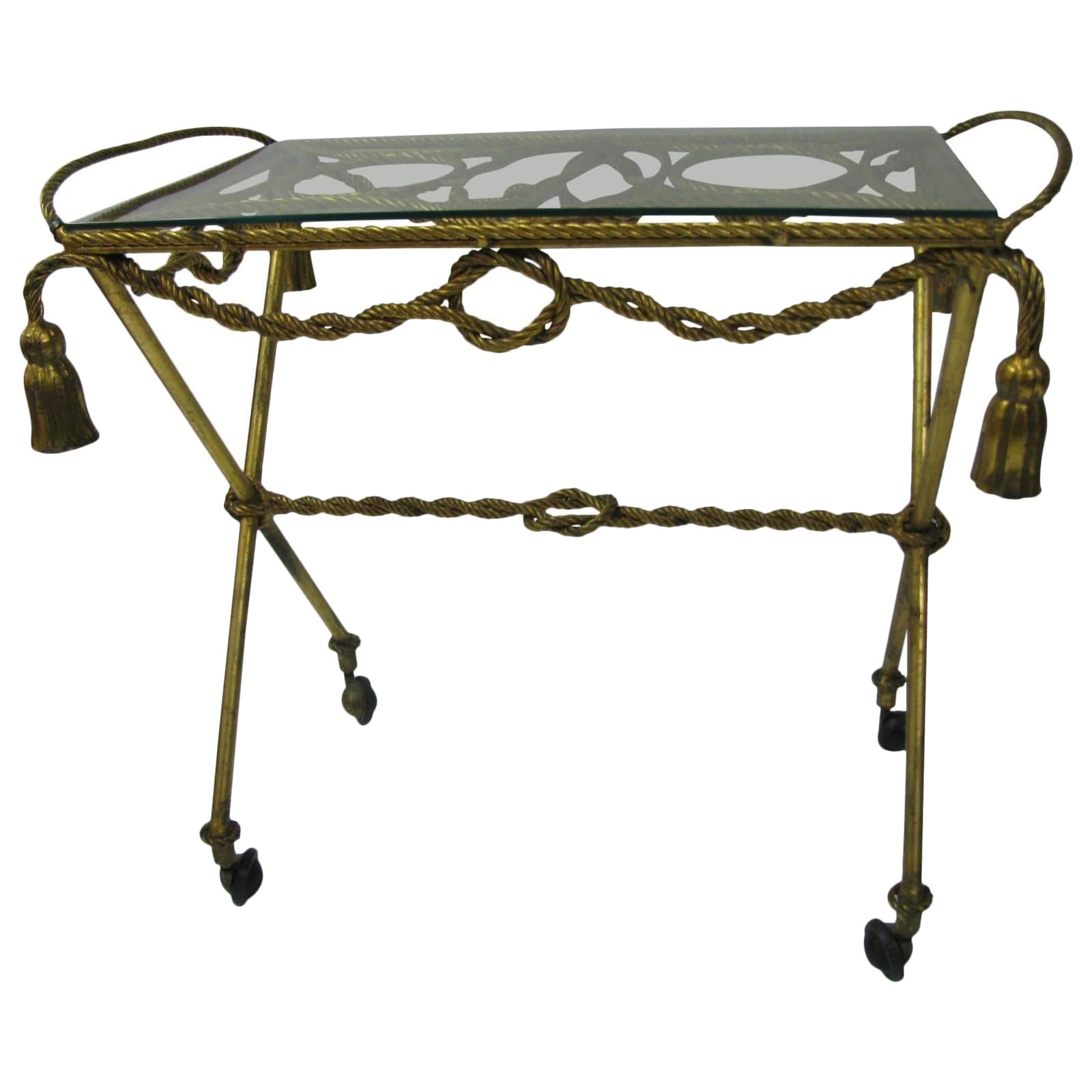 Gilded Vintage Italian Rope and Tassel Bar Cart For Sale at 1stDibs