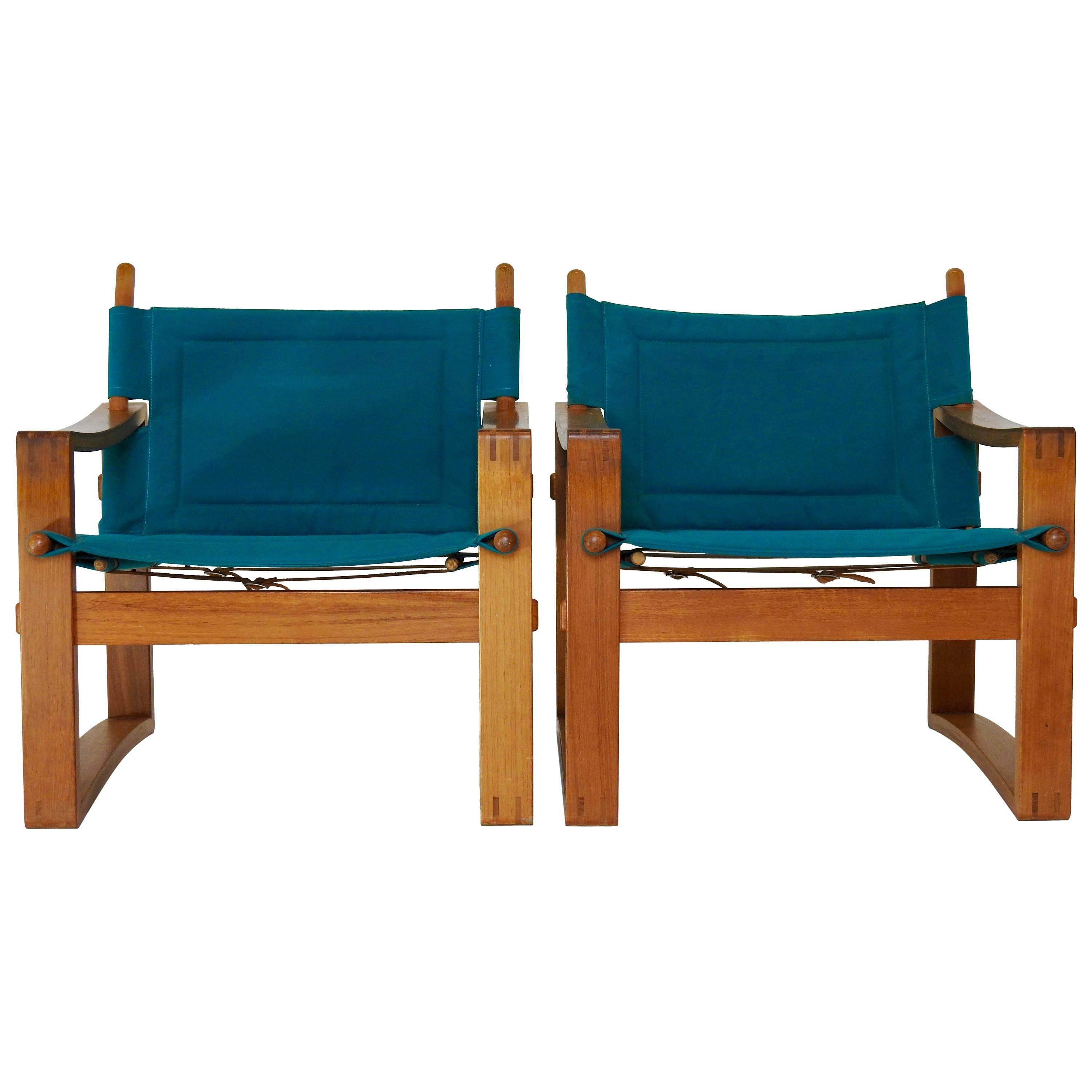 Pair of Mid-Century Teal Lounge Chairs with Leather Straps at 1stDibs