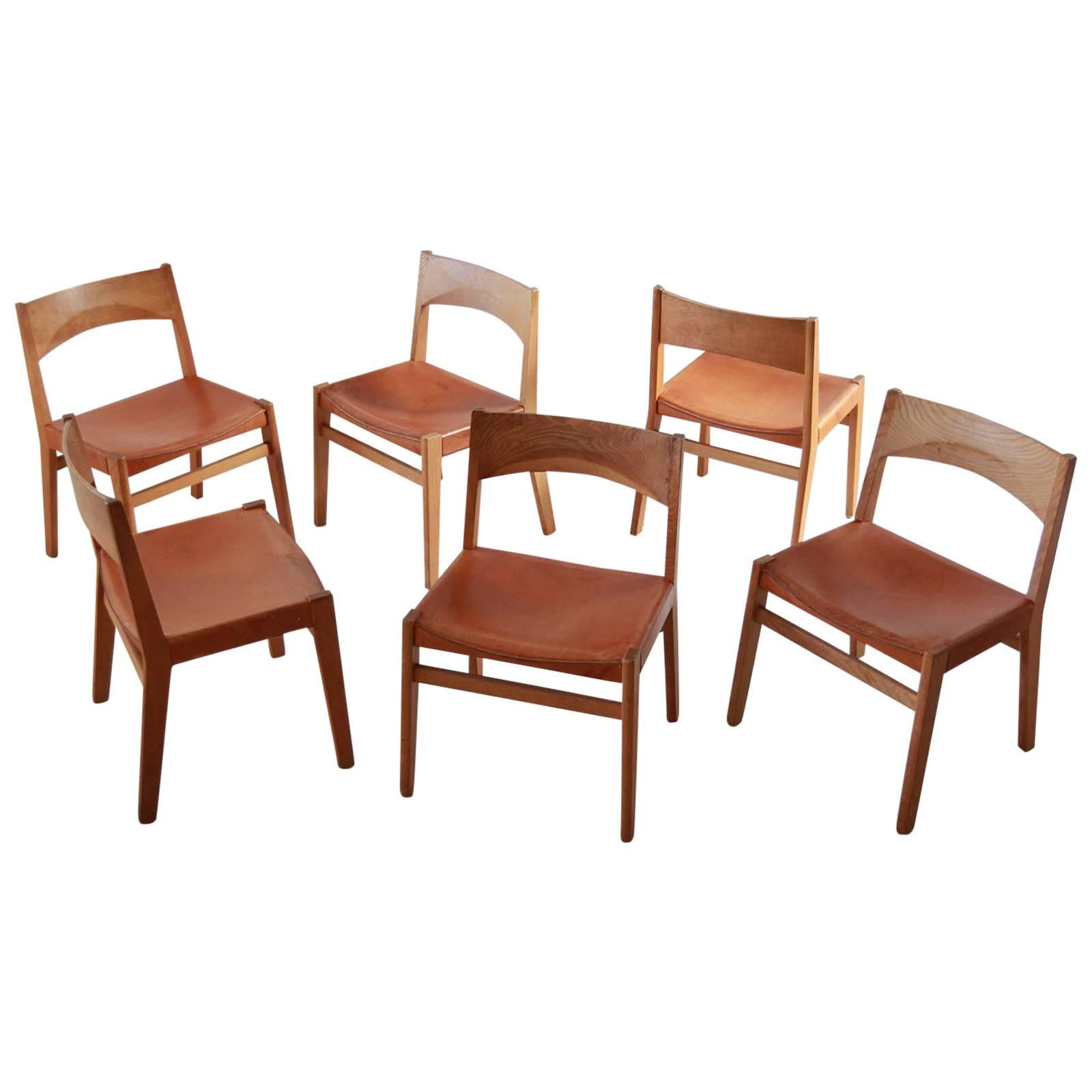 Set of Six Oak and Leather Dining Chairs at 1stDibs