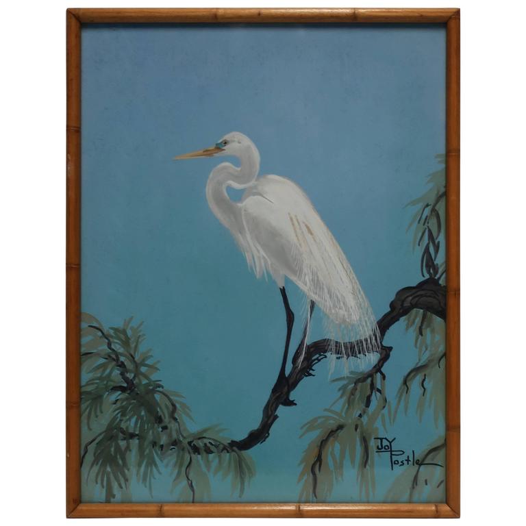 Signed Vintage White Egret Bird Painting by Artist Joy Postle at 1stDibs