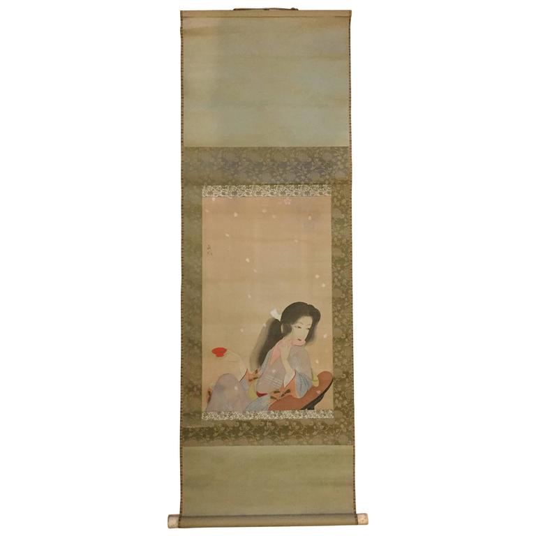 Japan Hand-Painted Silk Scroll Art Deco Period Young Woman Drinking ...