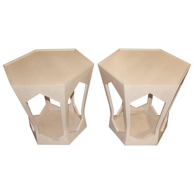 Pair of Hexagon 6 Sided Geometric Donghia Tables in Light Wood at 1stDibs