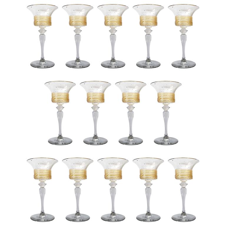 American H.C. Fry Glass Set of 14 Cordial Glasses with Gold Threads at ...