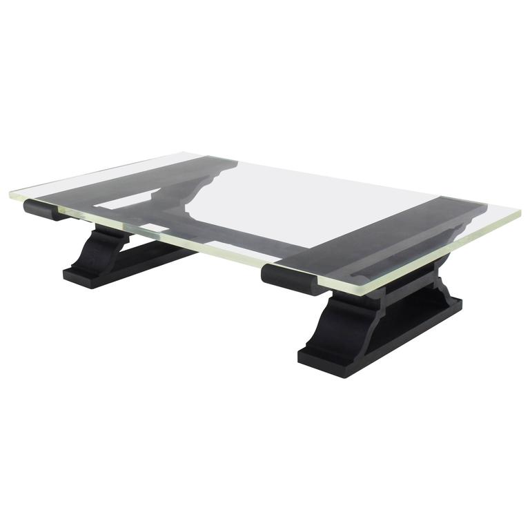 Very Large Heavy Ebonized Base Lucite Top Coffee Table For Sale at 1stDibs