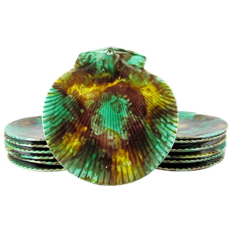 Wedgwood Majolica Tortoise Glazed Scallop-Shell Seafood Plates, circa ...