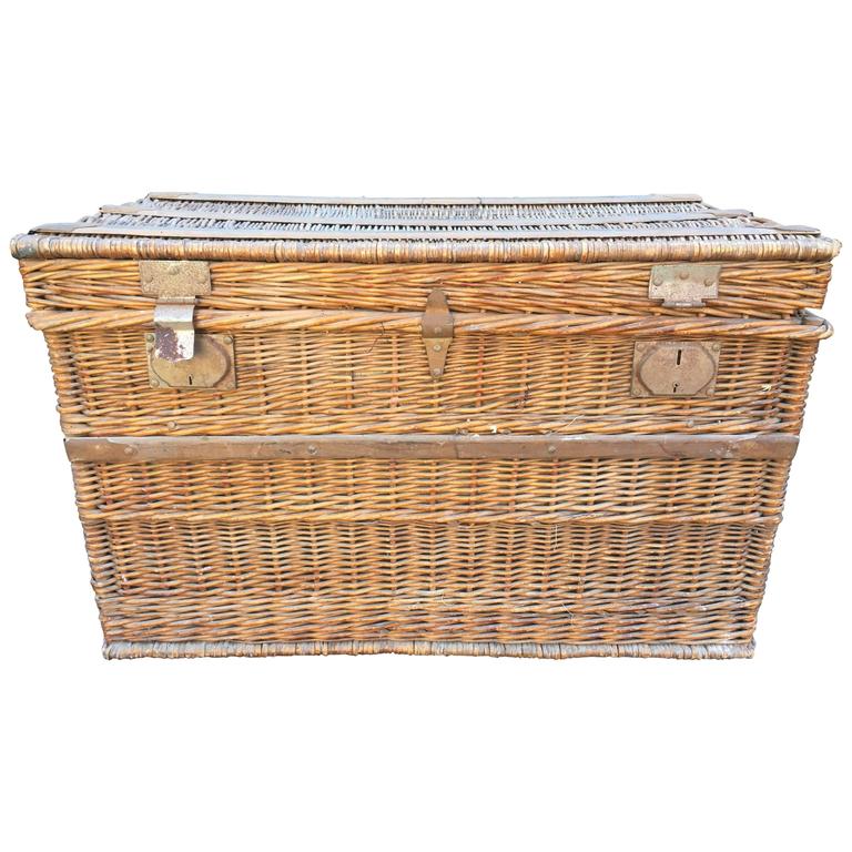 Large Lined French Wicker Trunk at 1stDibs