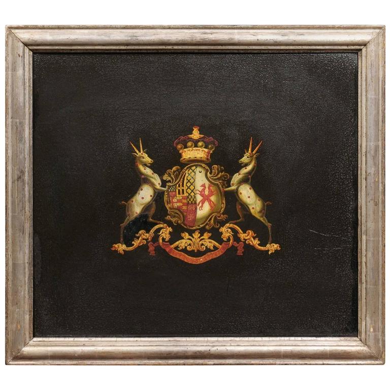 English Turn of the Century Antelope Coat of Arms Oil on Board Painting ...