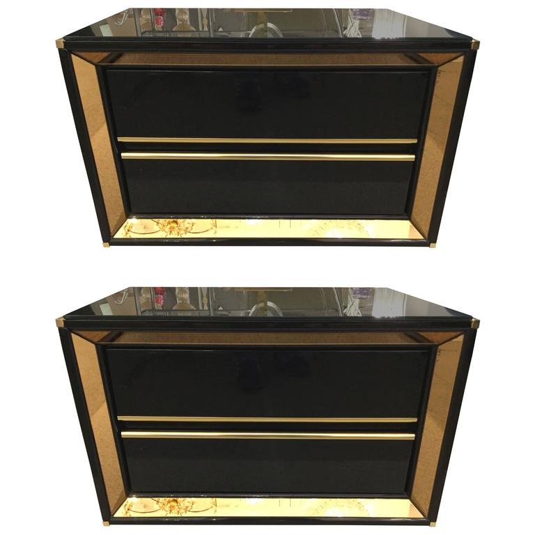 Pair of Side Tables in Black Lacquered and Amber Glass Detailings ...