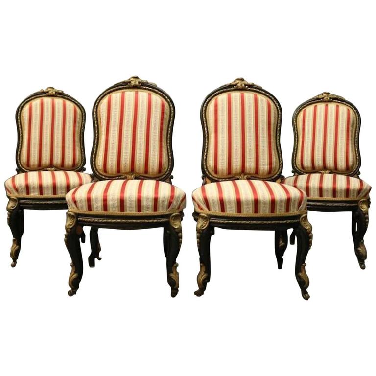 Four Antique French Louis XIV Style Ebonized and Ormolu Side Chairs ...