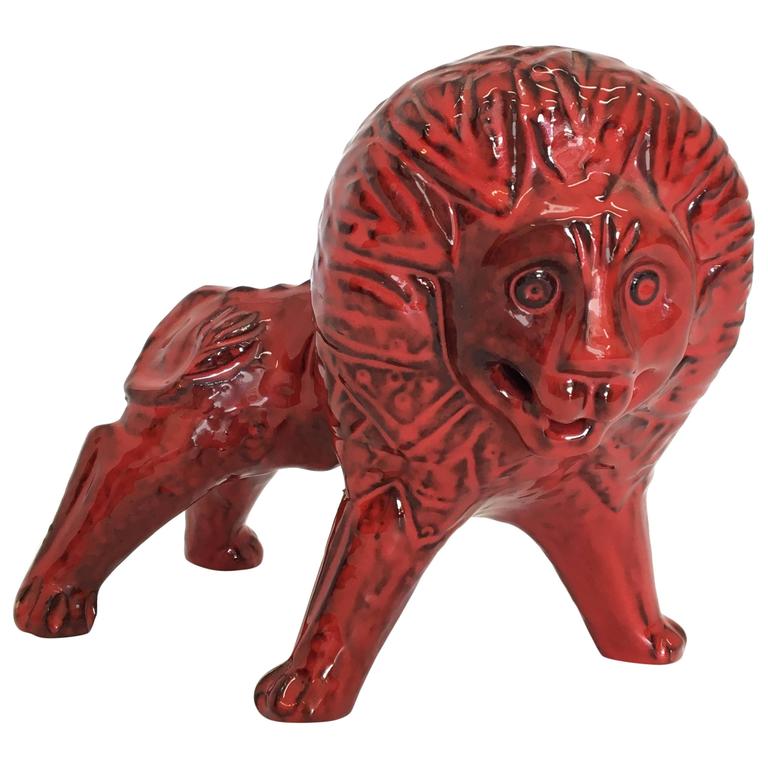 Mid-Century Bitossi Art Ceramic Lion in Red at 1stDibs