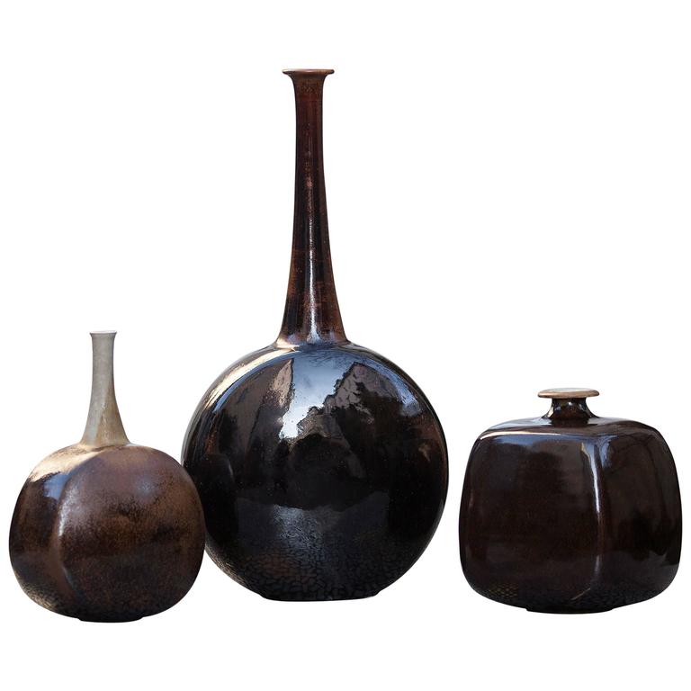 Gerald Weigel Art Pottery Brown Glazed Ceramic Vase Set of Three at 1stDibs