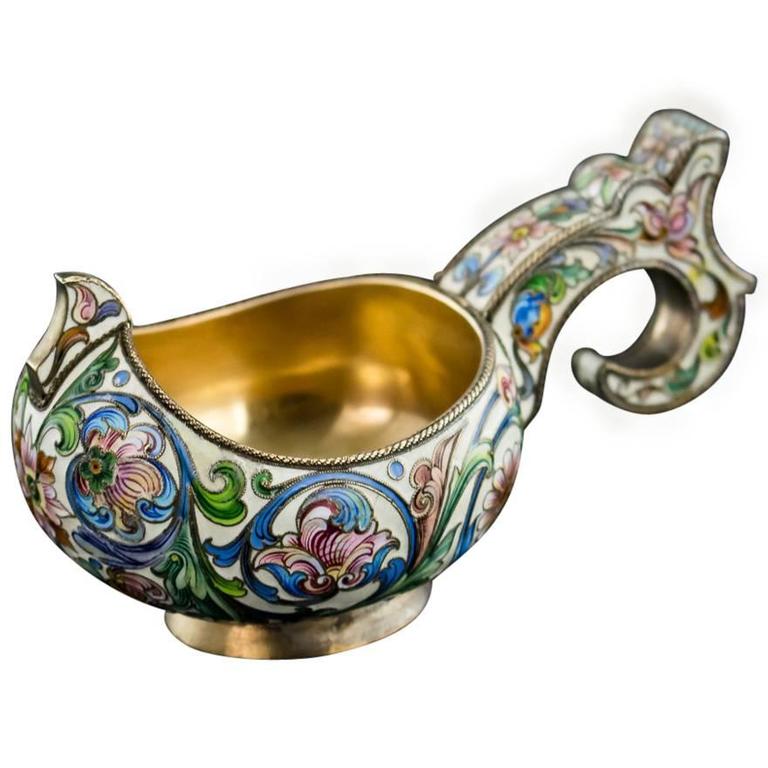 20th Century Russian Faberge Solid Silver and Enamel Kovsh, Feodor ...