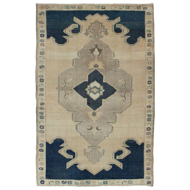 Vintage Turkish Oushak with Geometric Design and Navy Color at 1stDibs