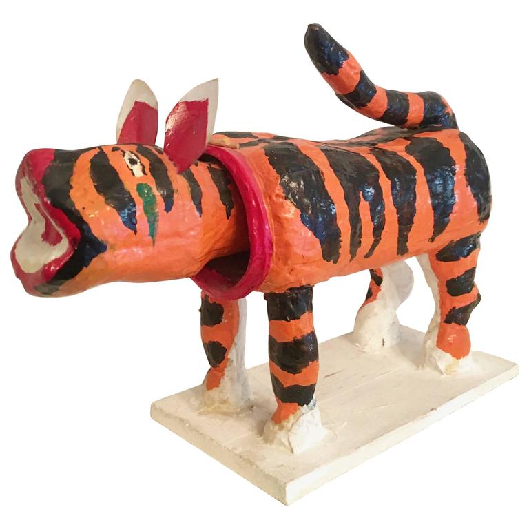 Japanese Folk Art Paper Mâché Tiger with Bobble Head For Sale at 1stdibs