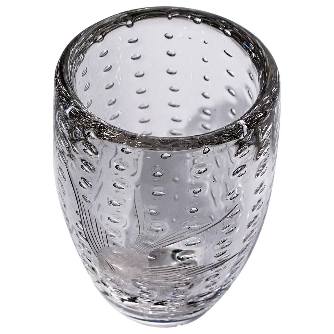 Glass Vase with Etched Fish Design and Controlled Bubble For Sale at ...