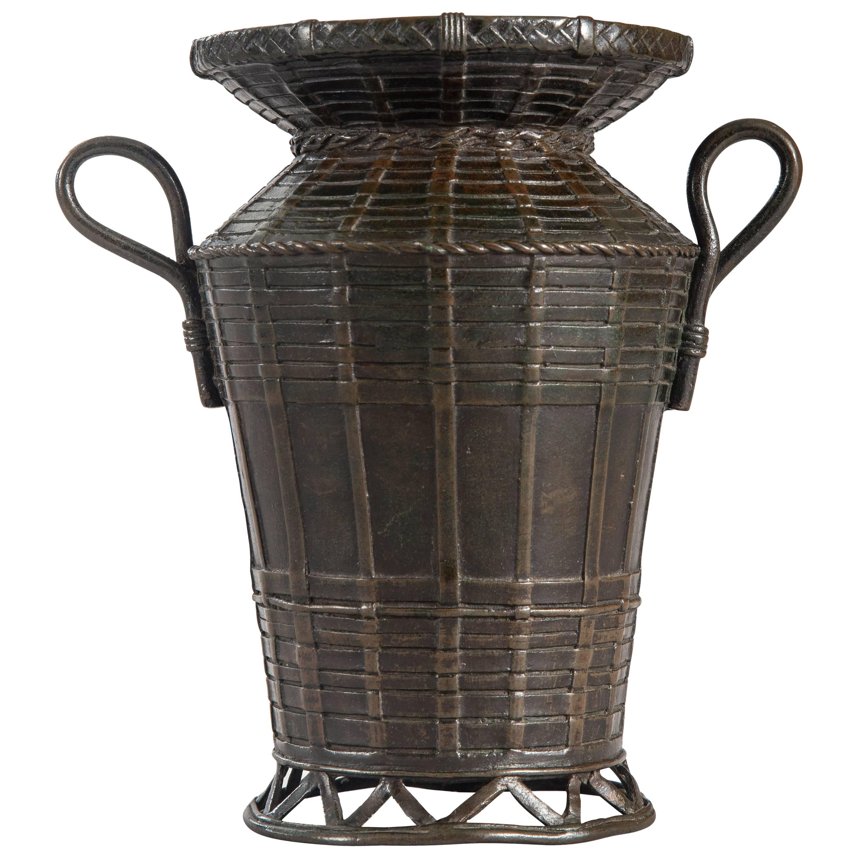 A Japanese Bronze Basket Vase with Handles at 1stDibs