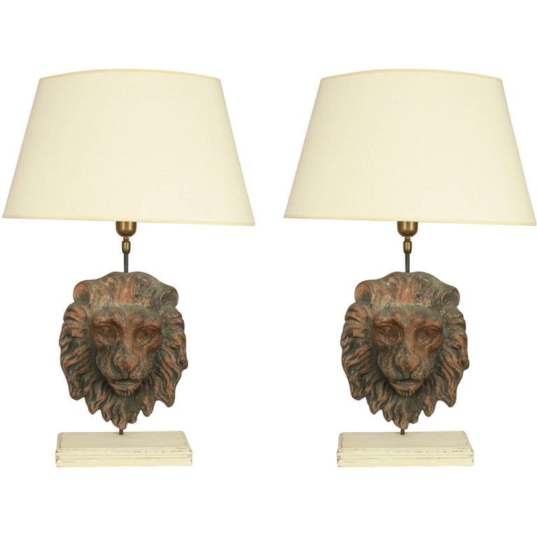 Pair of 18th Century Terracotta Lion's Head Table Lamps at 1stDibs