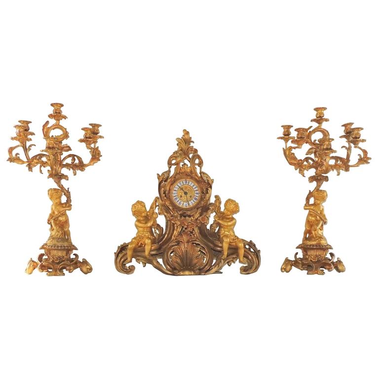 Wonderful Large French Cherub Putti, Gilt Dore Bronze Rococo Clock Set ...