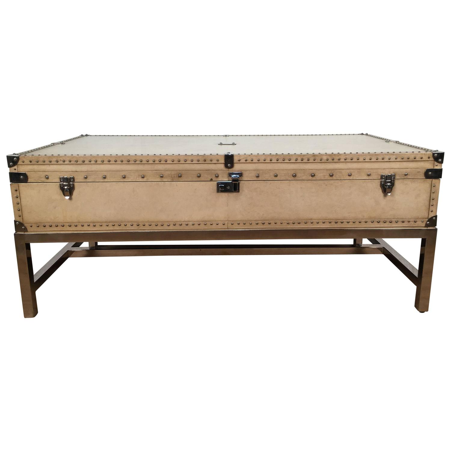 Campaign Style Parchment Trunk on Stand For Sale at 1stdibs