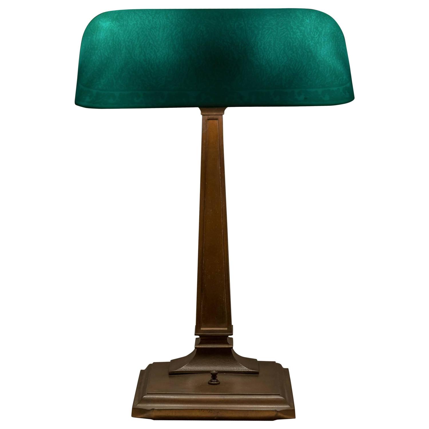 Signed Emeralite Lamp Banker's Lamp with Oversized Bellova Etched Shade ...
