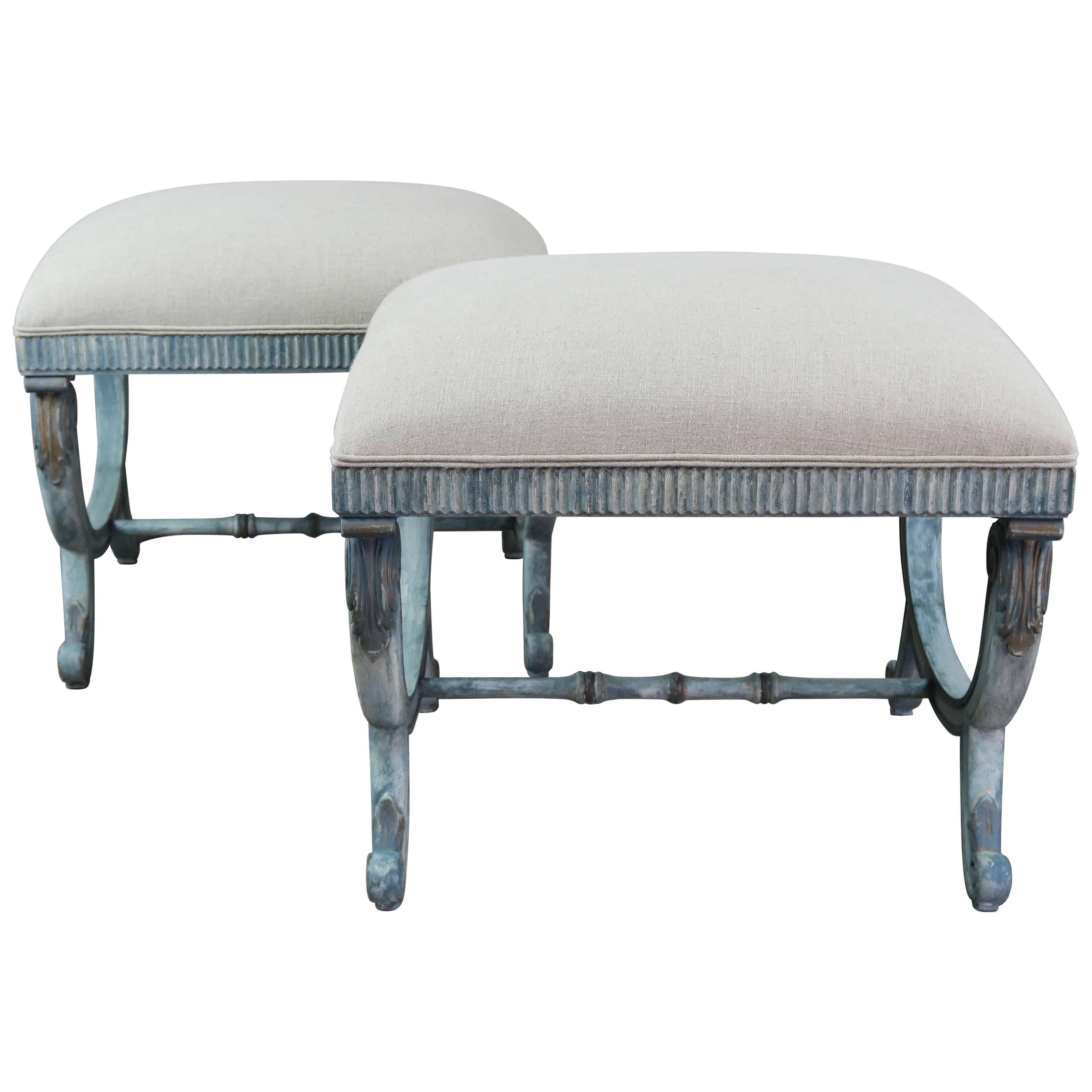 French Painted Blue Upholstered "X" Bench at 1stDibs