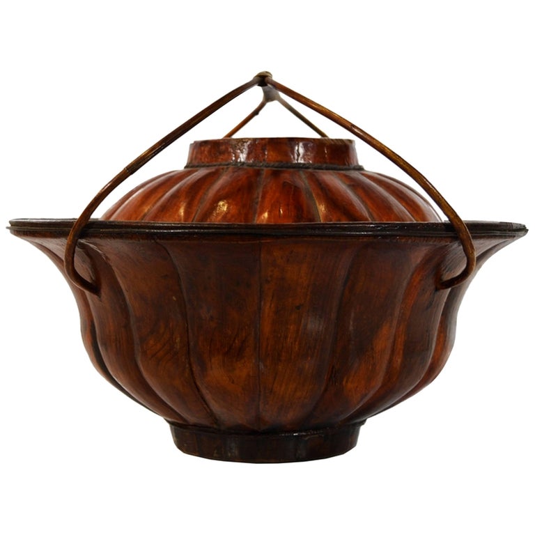 Antique Painted Reed and Varnished Bamboo Hat Basket from 19th Century ...