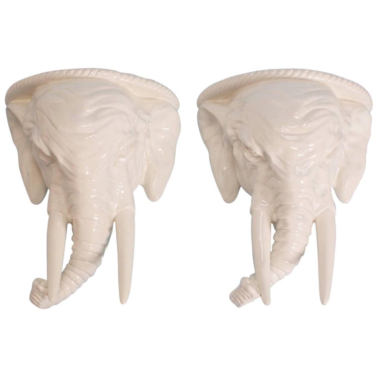Mid-Century Pair of White Glazed Porcelain Elephant Head Wall Brackets ...