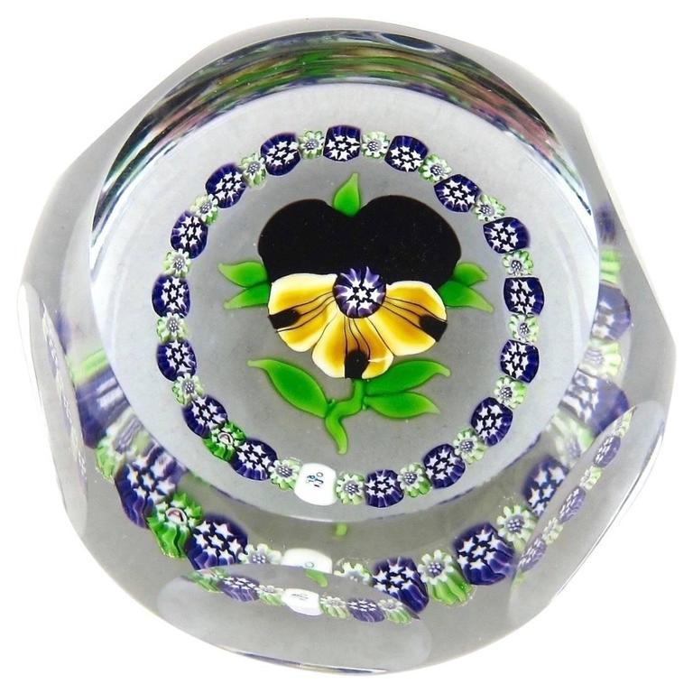 Limited Edition Faceted Pansy Paperweight with Millefiori Garland, J ...