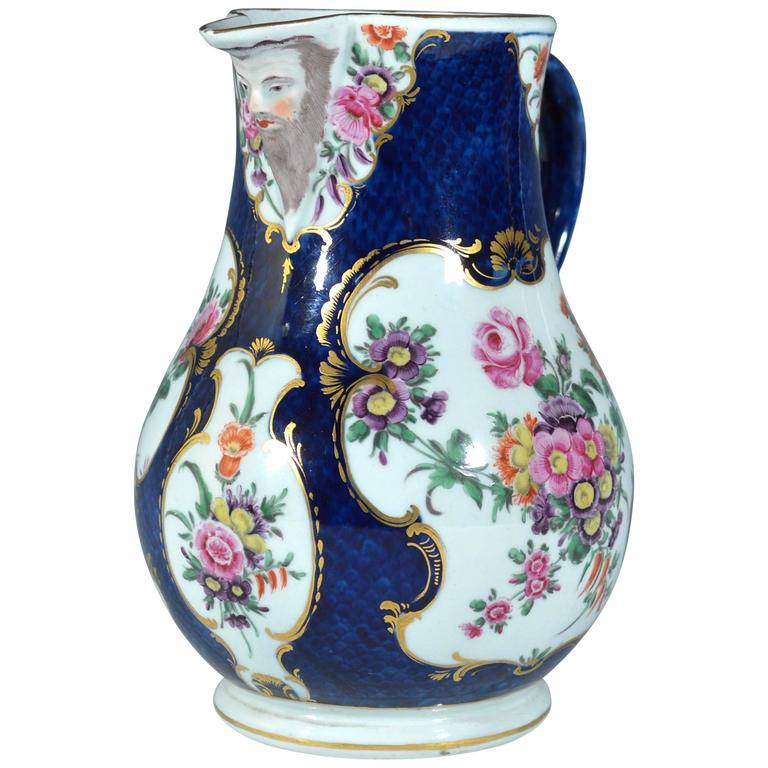 First Period Worcester Large Blue Scale Botanical Mask Jug at 1stDibs