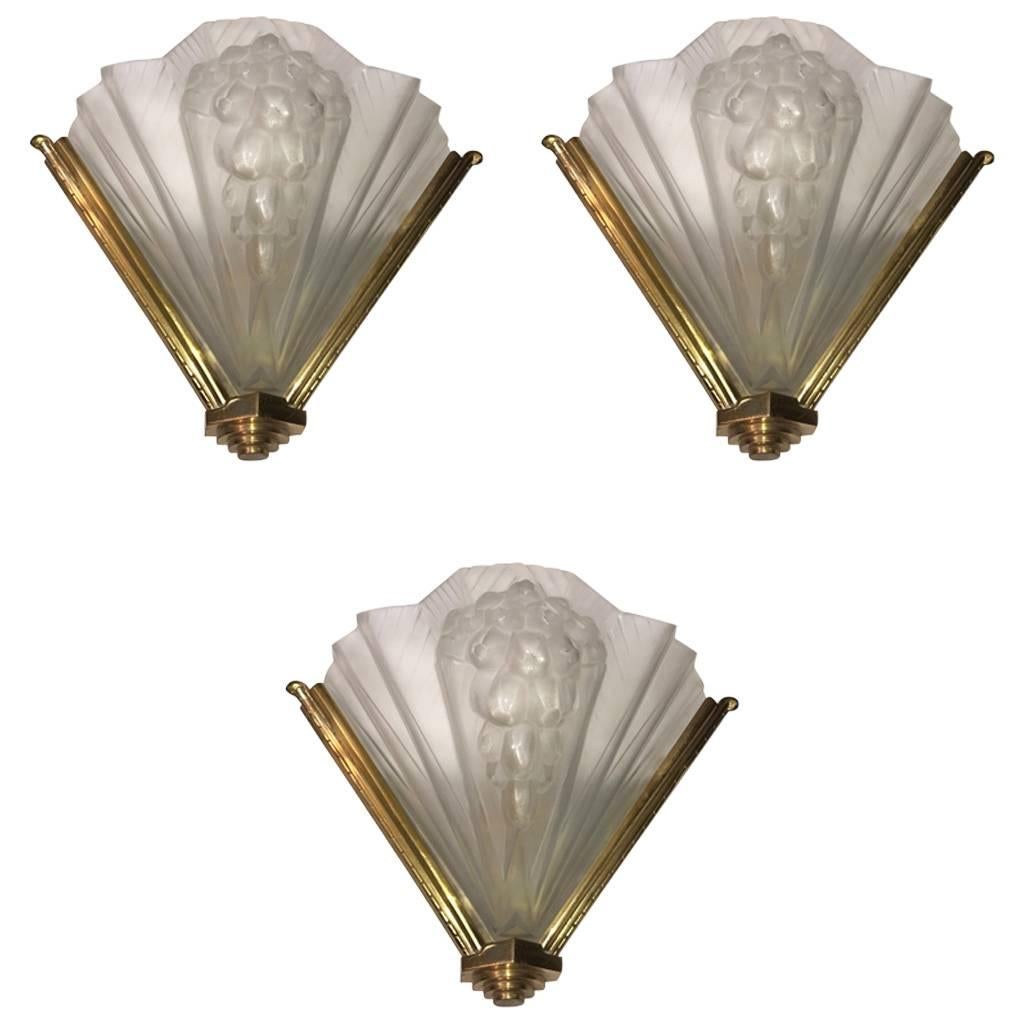 French Art Deco Wall Pocket Sconces with Glass Inserts For Sale at 1stDibs