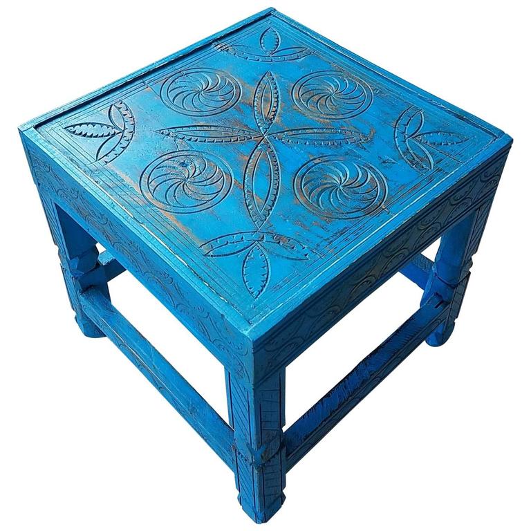 Moroccan Aged Cedar Wood Side Table, Dark Turquoise For Sale at 1stDibs